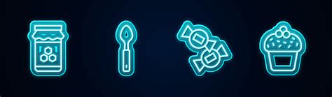 꿀 숟가락 사탕 케이크세트 항아리 빛나는 네온 아이콘 벡터 꿀에 대한 스톡 벡터 아트 및 기타 이미지 꿀 달콤한 음식