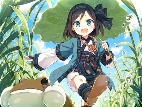 Animal Aqua Eyes Ayakashi Kyoushuutan Black Hair Clouds Cura Frog Grass