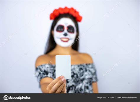 Woman Wearing Day Dead Costume Isolated White Background Smiling
