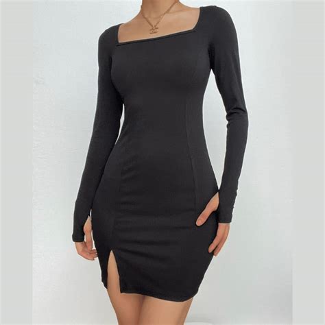 Ribbed Solid Square Neck Long Sleeve Gloves Slit Mini Dress Obeey