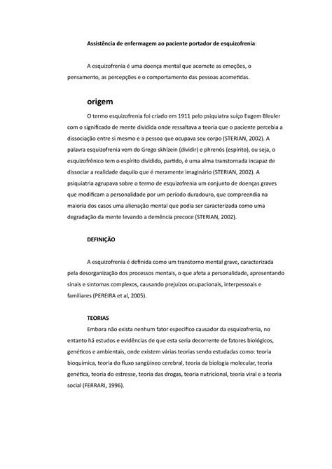 Assistência De Enfermagem Ao Paciente Portador De Esquizofrenia