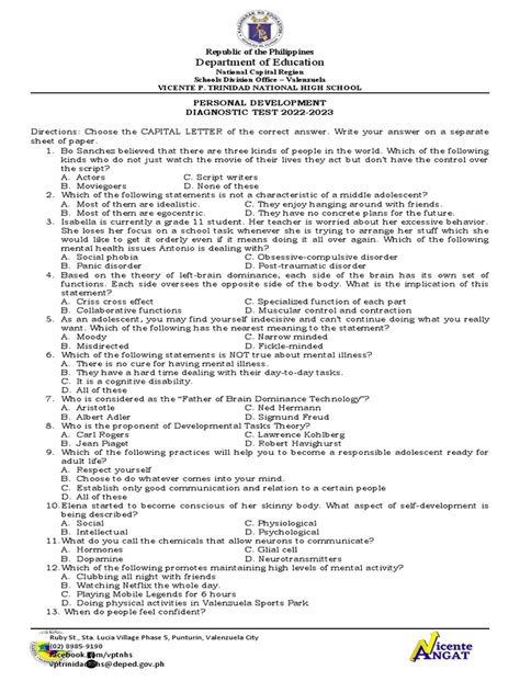 Personal Development Diagnostic Test 2022 2023 Pdf Mental Disorder