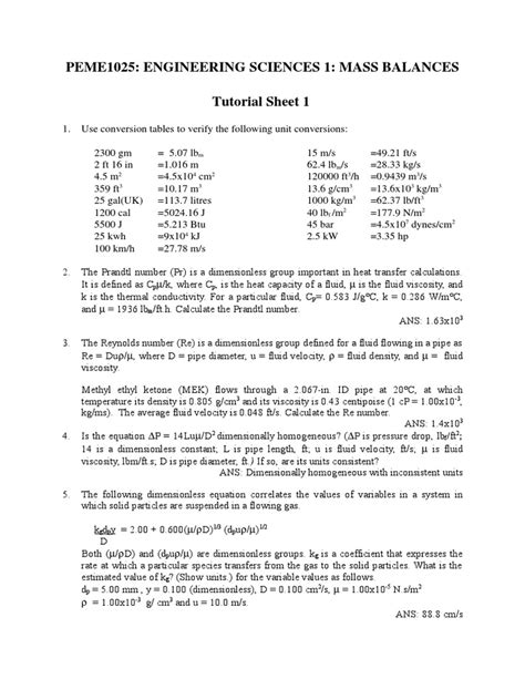 Peme1025 Engineering Sciences 1 Mass Balances Tutorial Sheet 1 Pdf