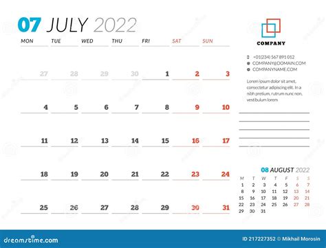 2022年7月的企业设计计划员模板 月度计划员 文具设计 星期一开始 向量例证 插画 包括有 月份 设计 217227352
