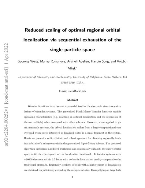 Pdf Reduced Scaling Of Optimal Regional Orbital Localization Via Sequential Exhaustion Of The
