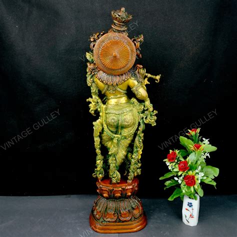 Brass Lord Krishna Idol Statue 30 Inches Vintage Gulley
