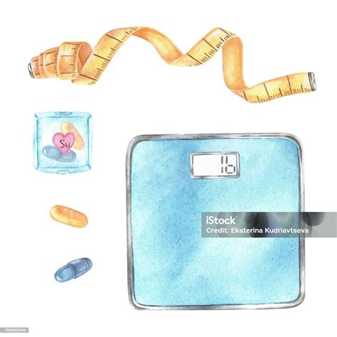 저울과 줄자 수채화 그림 흰색 배경에 고립된 손으로 그렸습니다 체중 감량 조절을 위한 균형과 보충제의 클립 아트 비만과 과체중에
