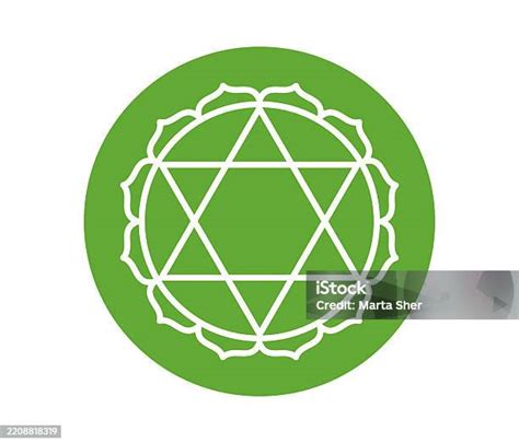 Anahata 차크라 아이콘입니다 네 번째 심장 차크라 녹색 원의 선 기호입니다 성례 표시 흰색 배경에 벡터 일러스트 레이 션 3에 대한 스톡 벡터 아트 및 기타 이미지