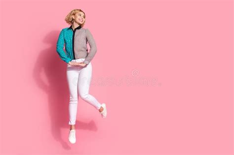 Full Size Photo Of Pretty Young Girl Jump Elegant Look Empty Space Wear