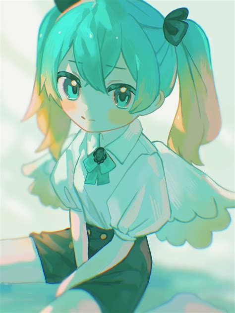 Safebooru 1girl Aqua Eyes Aqua Hair Aqua Ribbon Between Legs Blonde