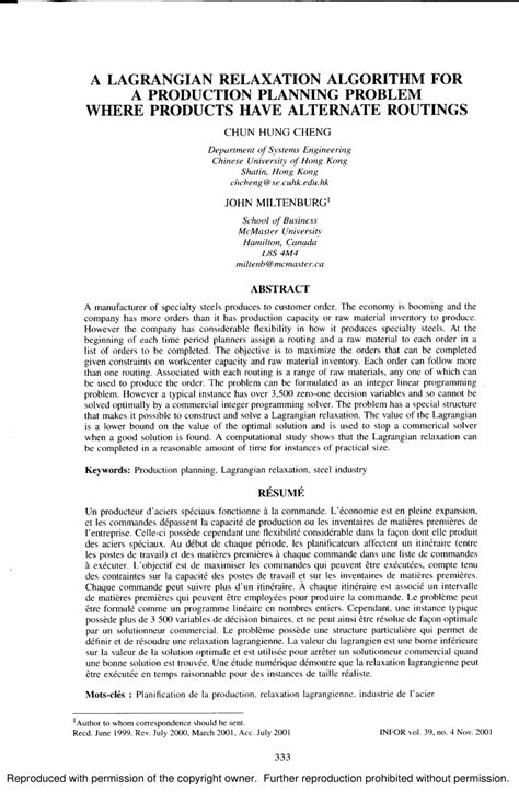 Pdf A Lagrangian Relaxation Algorithm For A Production Planning