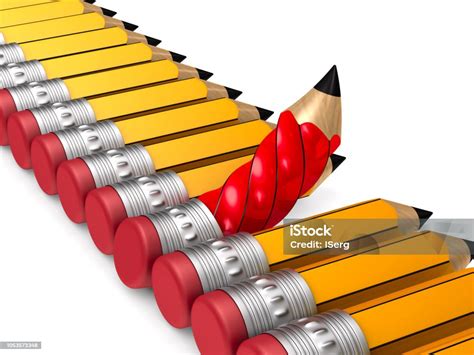 흰색 바탕에 주황색 군중에서 밖으로 서 있는 지우개와 독특한 붉은 나무 연필 격리 된 3d 그림 3차원 형태에 대한 스톡 사진