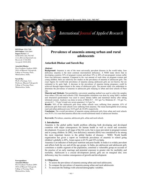 Pdf Prevalence Of Anemia Among Urban And Rural Adolscents