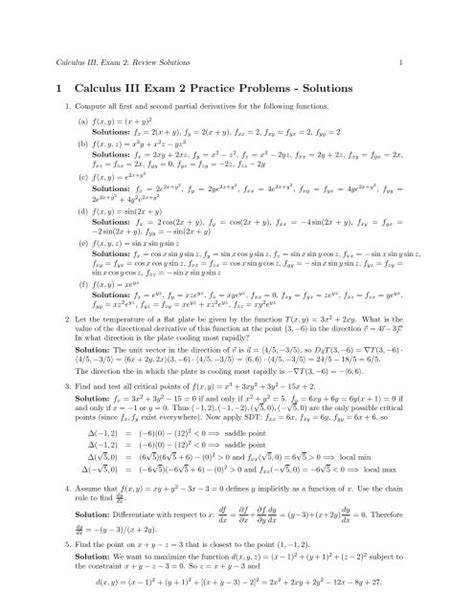 1 Calculus Iii Exam 2 Practice Problems Solutions