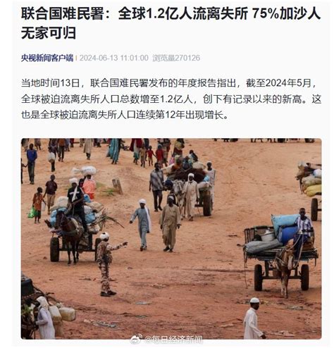 联合国难民署：全球12亿人流离失所75加沙人无家可归苏丹难民署加沙新浪新闻