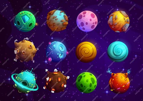 만화 외계인 판타지 우주 행성 유기적이고 기술적인 표면을 가진 벡터 우주 세계 개체 폭발하는 화산 전기 파업과 신비한 빛을 가진 환상적인 은하 Ui 게임 소행성 프리미엄 벡터