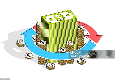 돈 순환 투자 수익 환전 현금 환불 환불 개념을 사용할 수 있습니다 주위에 방사형 루프 화살표 3d 아이소메트릭 현금 돈 스택의 벡터 그림 0명에 대한 스톡 벡터 아트 및