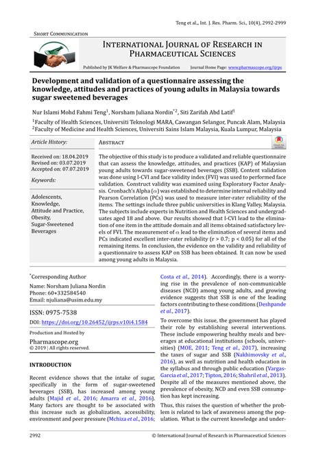 Pdf Development And Validation Of A Questionnaire Assessing The Knowledge Attitudes And