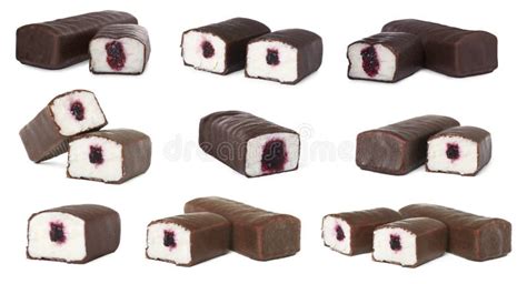 Collage Of Glazed Curd Cheese Bars With Berry Jam Filling On White Background Stock Image