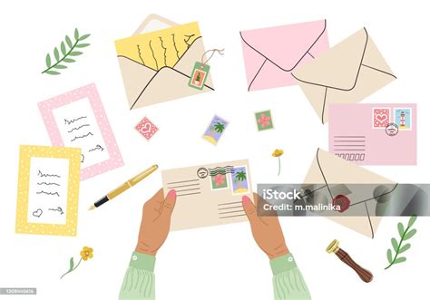 봉투 편지 우표 문구및 선탠 여성의 손이 메일을 들고 있는 평평한 평신도 그림 작업 영역 상단 보기입니다 손으로 그린 벡터 일러스트레이션 여성에 대한 스톡 벡터 아트 및