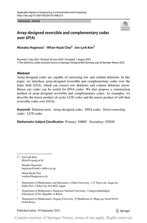 Array Designed Reversible And Complementary Codes Over GF 4 Request PDF