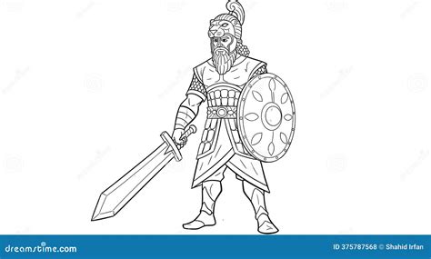 Bold Line Art Persian Hero Rustam Wearing Iconic Lion Headed Helmet Illustration For Coloring