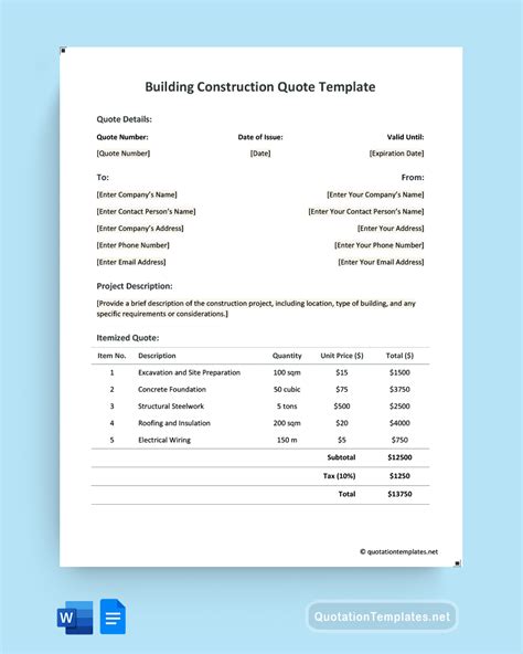 Building Construction Quotation For Construction Work Word Google Docs