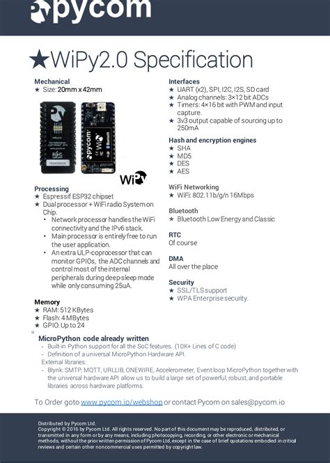 Pycom WIPY2R WiPy User Manual Specfication Sheet WiPy2 0 V1 0