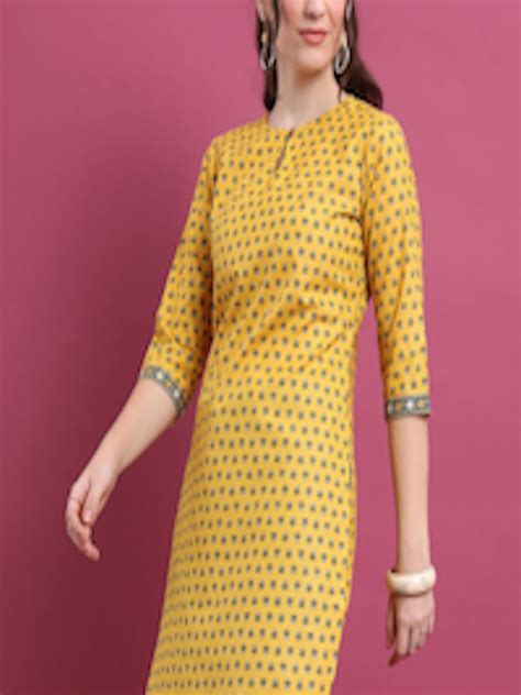 Buy Vishudh Yellow And Green Floral Printed Keyhole Neck Straight Kurta