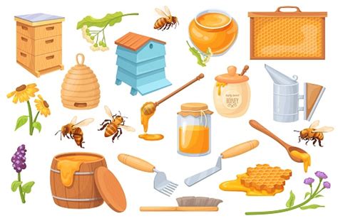 만화 꿀 양봉장 양봉 벌꿀 제품 벌집 벌집 벌집 농장 벌집 집 양봉가 생산 냄비 숟가락 디퍼 봄 여름 꽃 음식 깔끔한 벡터 일러스트 레이 션 건강한 생활방식에 대한 스톡