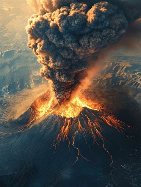 Volcanic Eruption Seen From Space With Spreading Ash Raw Style Stock Illustration Illustration