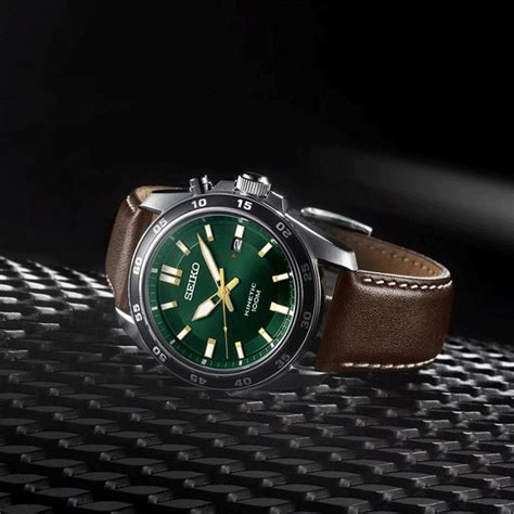 Montre Seiko Sport Kinetic Acier Cadran Vert Bracelet Cuir Brun 42 6 Mm