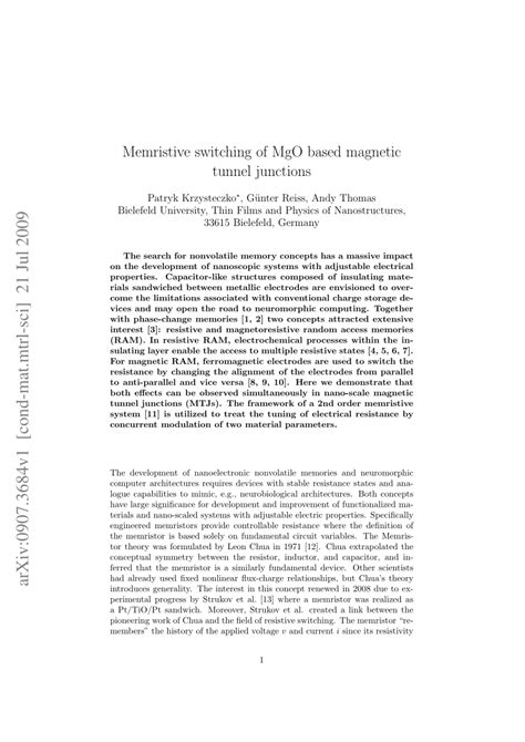 Pdf Memristive Switching Of Mgo Based Magnetic Tunnel Junctions