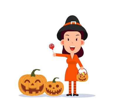 La niña celebra halloween viste traje de withch feliz día de halloween Vector Premium
