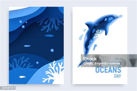 돌고래 실루엣이 세팅 된 종이 아트 세계 바다의 날 배너 수중 세계 페이지 레이아웃입니다 종이 돌고래 파도와 산호초와 바다 배경을 잘라 벡터 일러스트레이션 제작 바다에 대한