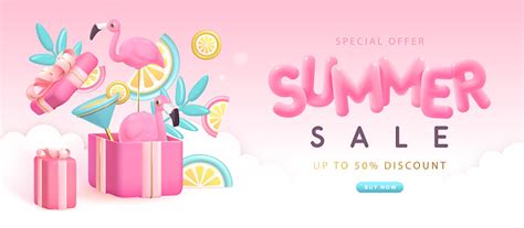 여름 큰 판매 타이포그래피 포스터 3d 플라스틱 텍스트 플라밍고 및 선물 상자 여름 배경입니다 벡터 그림입니다 3차원 형태에 대한 스톡 벡터 아트 및 기타 이미지 Istock