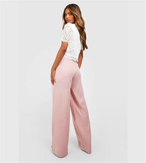 Buy Boohoo Scalloped Hem Lace Top And Wide Leg Trouser Set In Blush