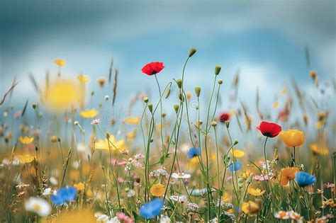 Vibrant Wildflower Field Under A Tranquil Sky Stock Illustration