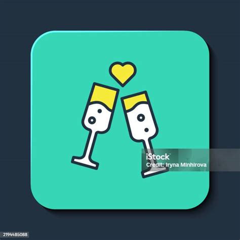 채워진 윤곽선 샴페인 아이콘의 잔은 파란색 배경에 고립되어 있습니다 해피 발렌타인 데이 청록색 사각형 버튼 벡터 가득 찬에 대한 스톡 벡터 아트 및 기타 이미지 Istock
