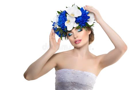 Beauty Young Woman Luxury Long Curly Hair With Orchid Flower H Stock