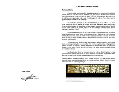 Tle 040 Module Booklet Tle 040 Module 1 Introduction To Clothing The History Of Clothing It