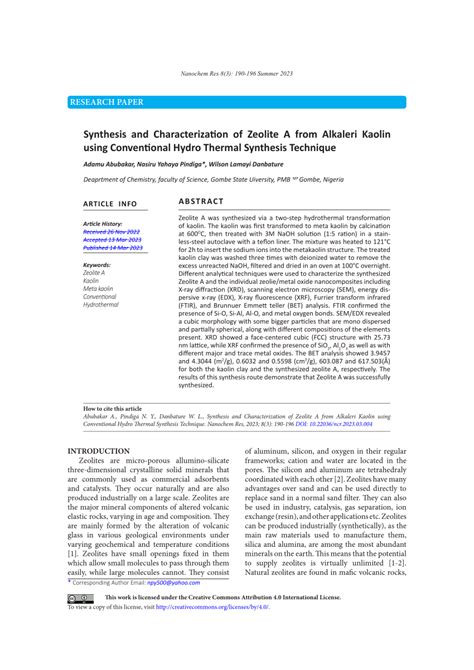 Pdf Synthesis And Characterization Of Zeolite A From Alkaleri Kaolin Using Conventional Hydro