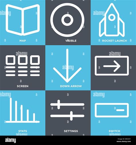 Set Of 9 Simple Editable Icons Such As Switch Settings Stats Down Arrow Screen Rocket