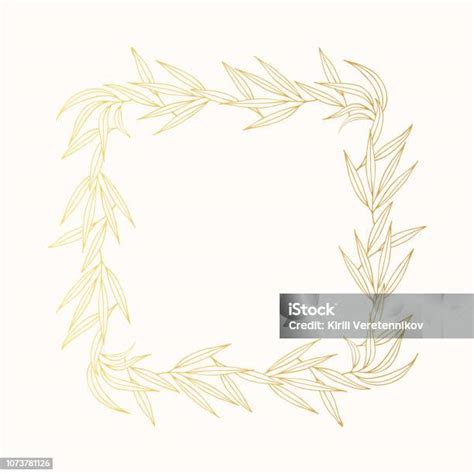 황금 손을 그린 올리브 브랜치 월계관 그리스 Oliva 초대에 대 한 테두리를 남겨 주세요 사각 골드 프레임입니다 벡터는 일러스트 레이 션 고립 가을 단풍에 대한 스톡 벡터