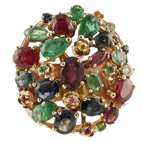 Sapphire Ruby Emerald Diamond Gold Cluster Ring For Sale At 1stdibs