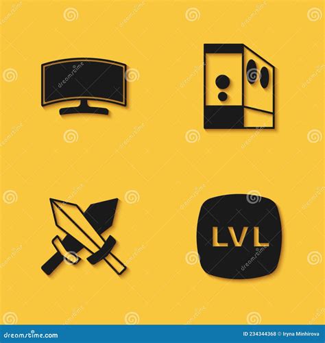 Set Computer Monitor Level Game Sword For And Case Of Computer Icon With Long Shadow Vector