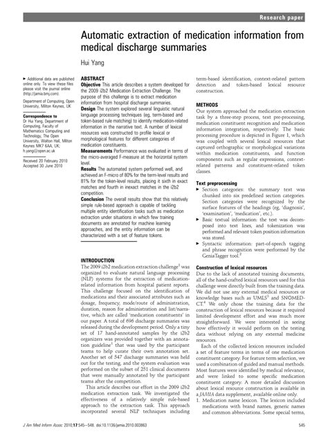 Pdf Automatic Extraction Of Medication Information From Medical Discharge Summaries