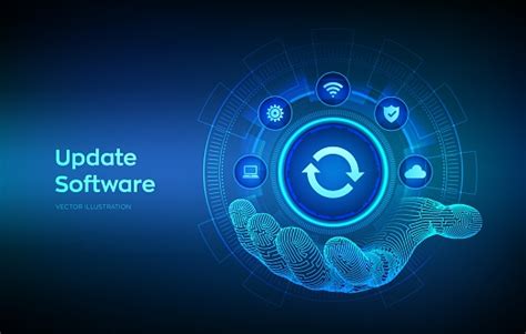 로봇 손에 아이콘을 업데이트합니다 가상 화면에서 소프트웨어 버전 개념을 업그레이드합니다 컴퓨터 프로그램 업그레이드 비즈니스 기술 인터넷 개념 벡터 그림입니다 개발에 대한