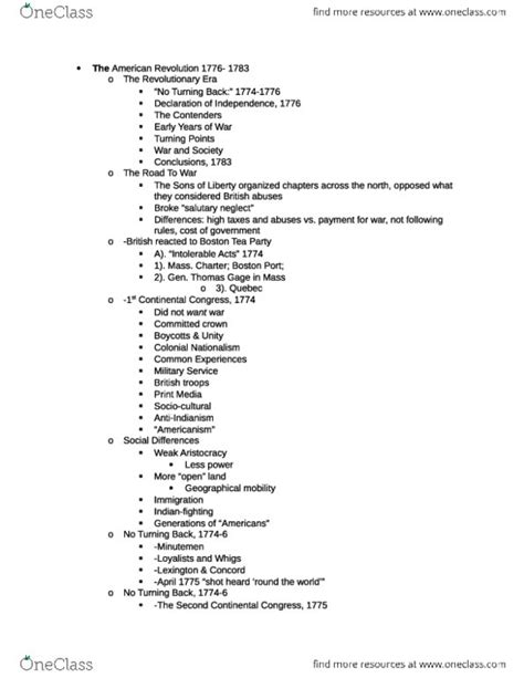 HIST 1301W Lecture The American Revolution Notes OneClass