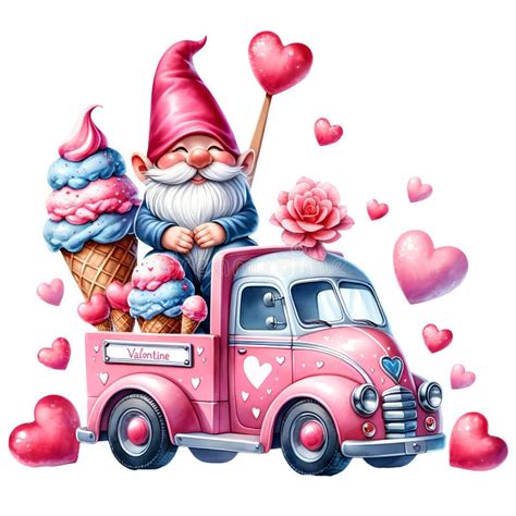 Cute Gnome Valentine Ice Cream Truck Watercolor Clipart Illustration AI Generative Stock Photo